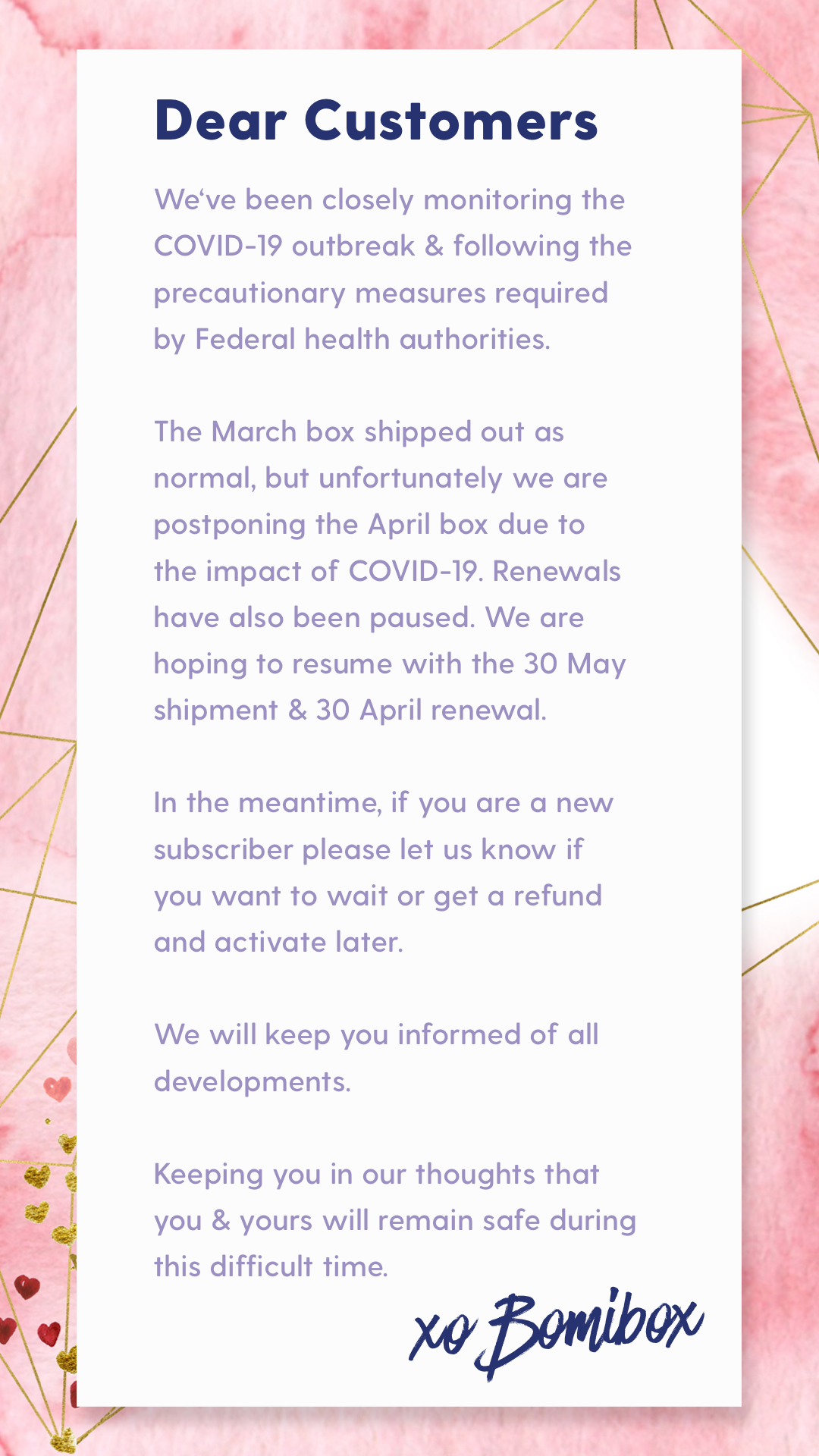 FYI - BomiBox April 2020 Shipping Update | MSA